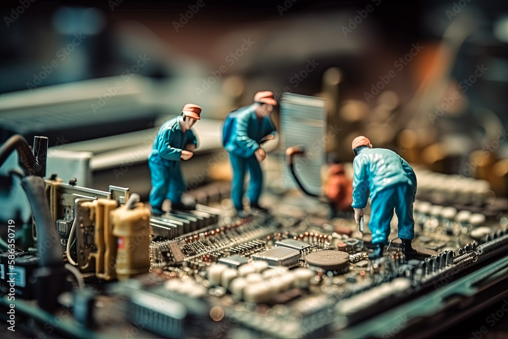 Little workers repairing motherboard. CPU Repair. Technology concept ...