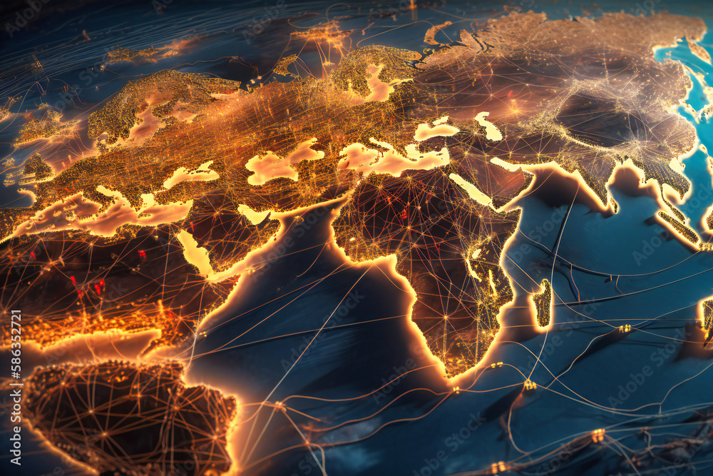 World map displaying intricate trade routes, overlaying bustling ports ...