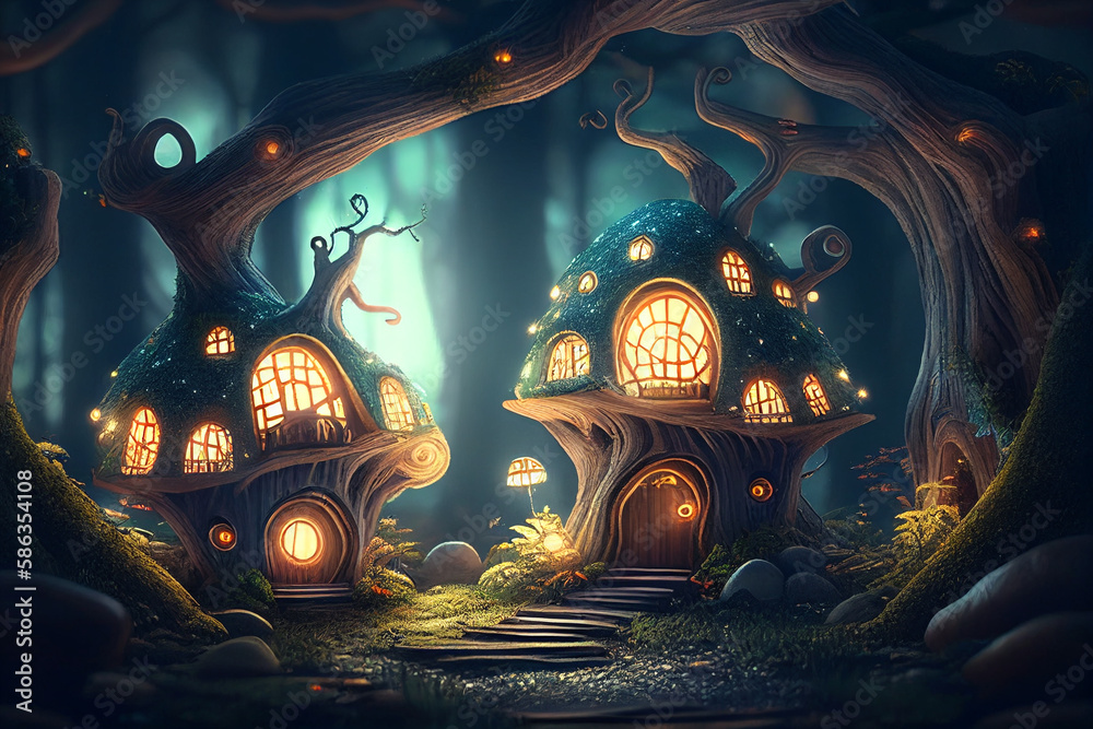 magic forest with fantasy houses at night, fairy tale like houses made ...