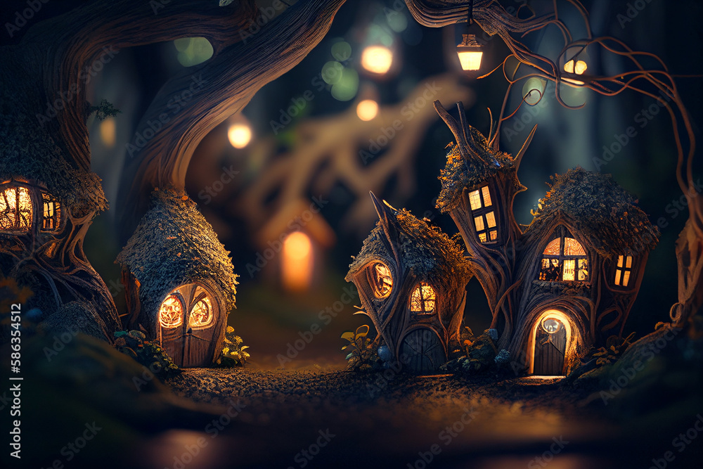 magic forest with fantasy houses at night, fairy tale like houses made ...