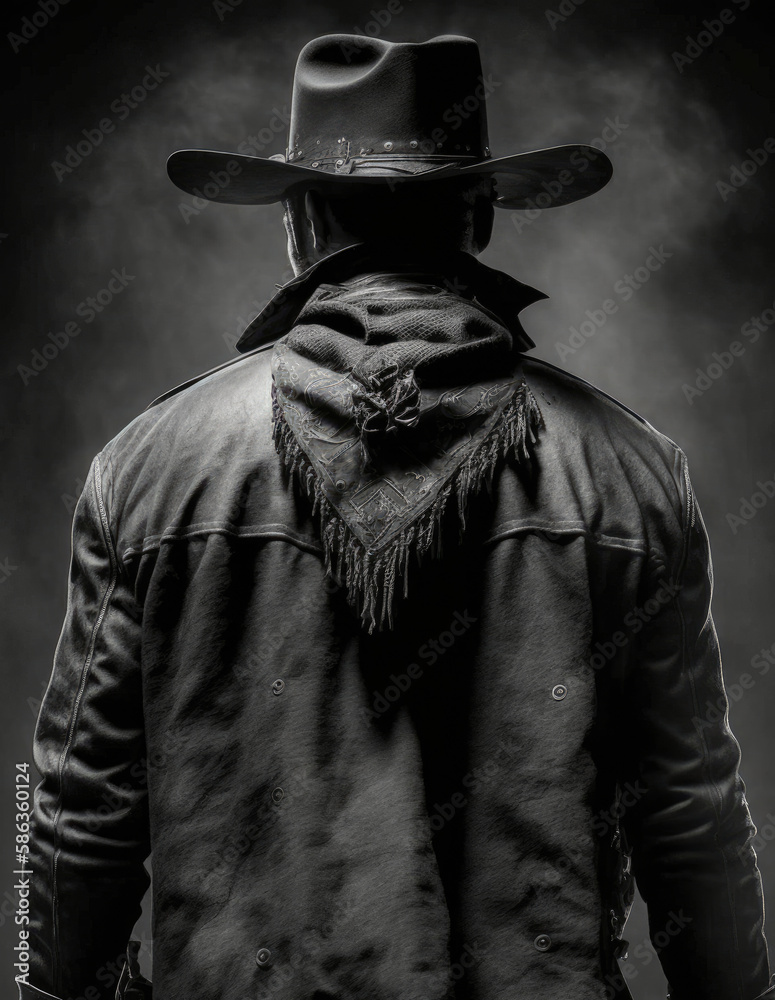 a man from behind, wearing a cowboy hat and a bandana created with ...