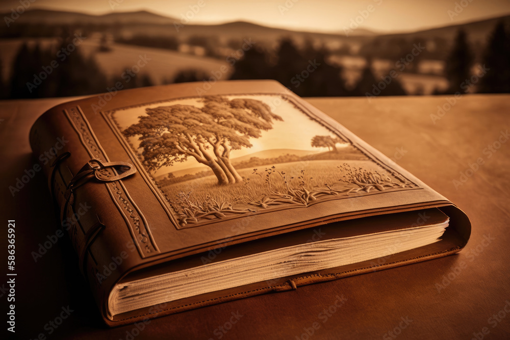 beautiful notebook with leather cover, stamped with picture of a tree ...