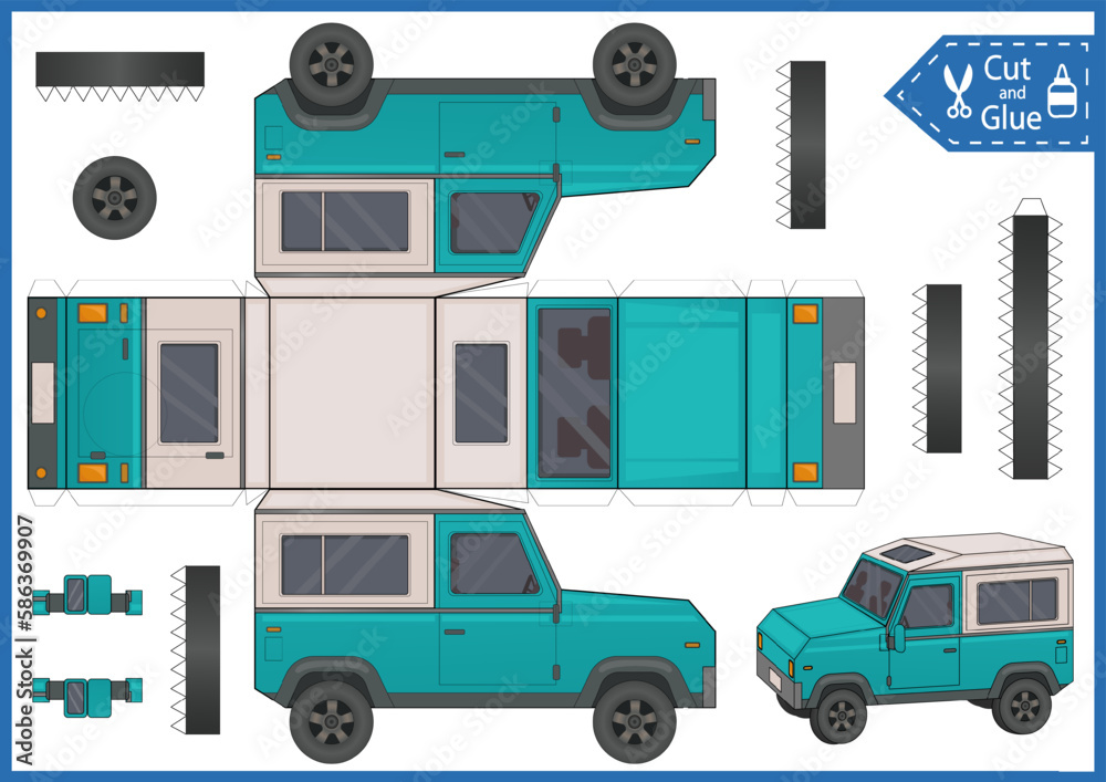 Craft game cut and glue paper 3d car. Activity education printable page ...