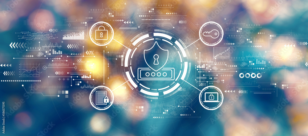 Cyber security theme with blurred city lights at night Stock Photo ...