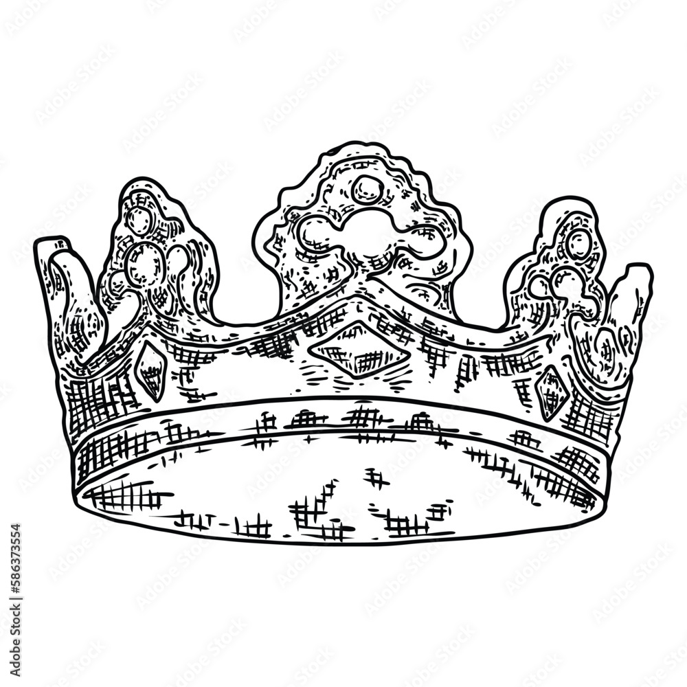 King or Queen crown on in vintage etching style. Coronation headdress ...