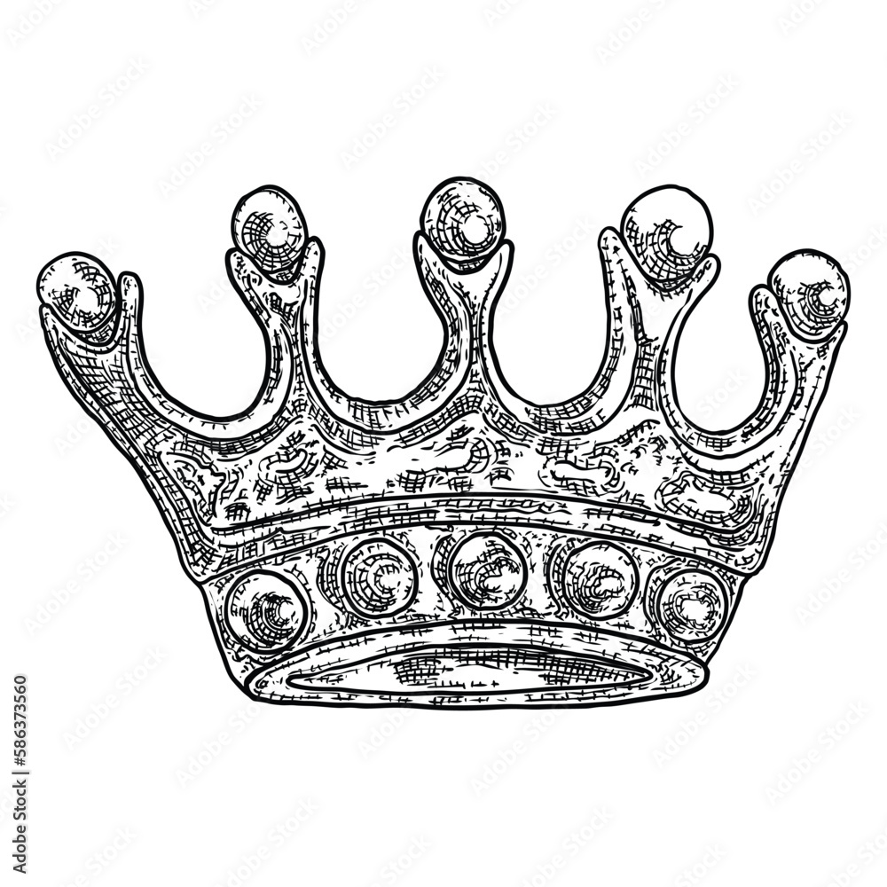 King or Queen crown on in vintage etching style. Coronation headdress ...