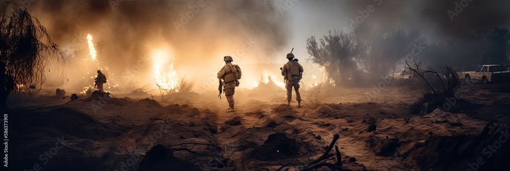 military special forces soldiers crosses destroyed warzone through fire ...
