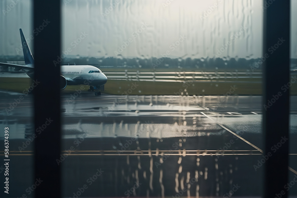 Airplane in airport at rainy day. delay. Weather-Proof Flights. Ensure ...