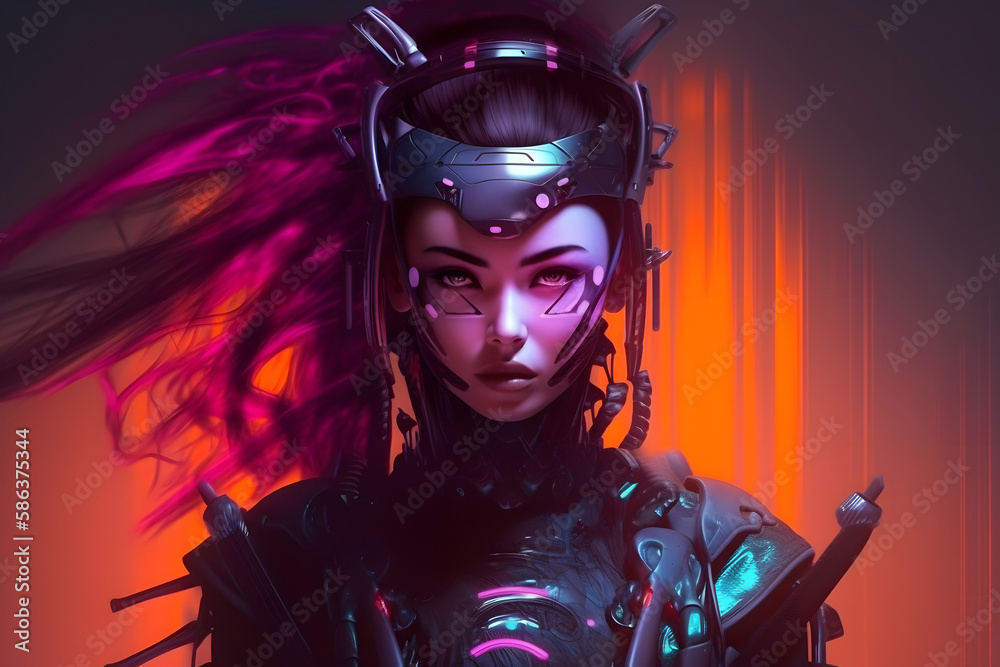 Beautiful samurai cyborg woman. Futuristic cyberpunk style cyber ...