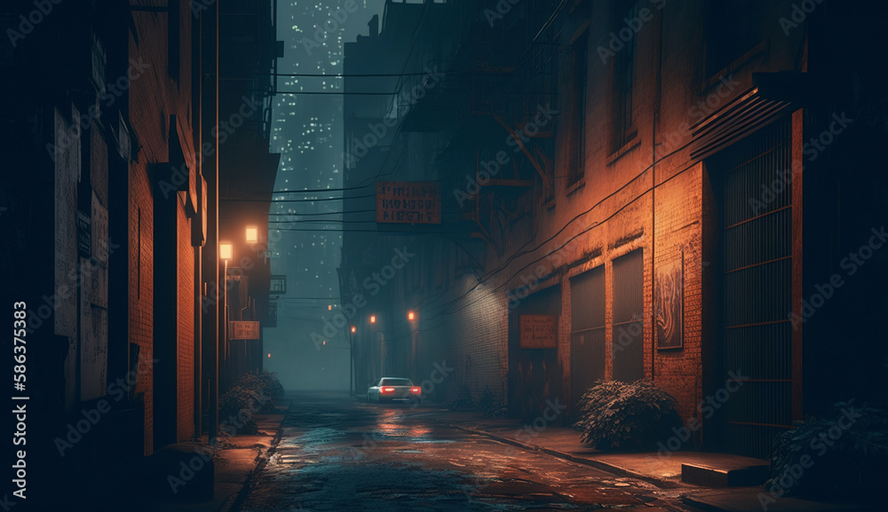 Dark street in cyberpunk city, image of gloomy road like watercolor ...