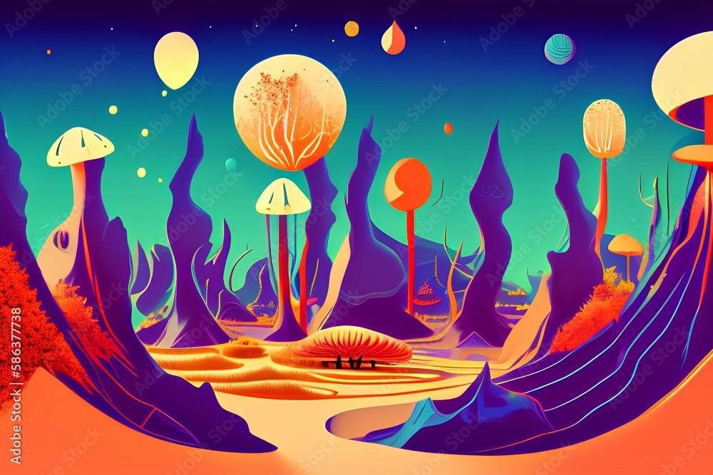 Surreal shovel landscape vector illustration. Alien planetary surface ...