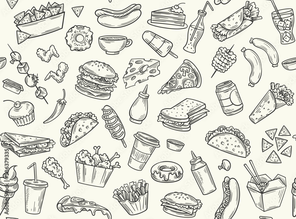 Fastfood line seamless pattern. Repeating design element for cafe menu ...
