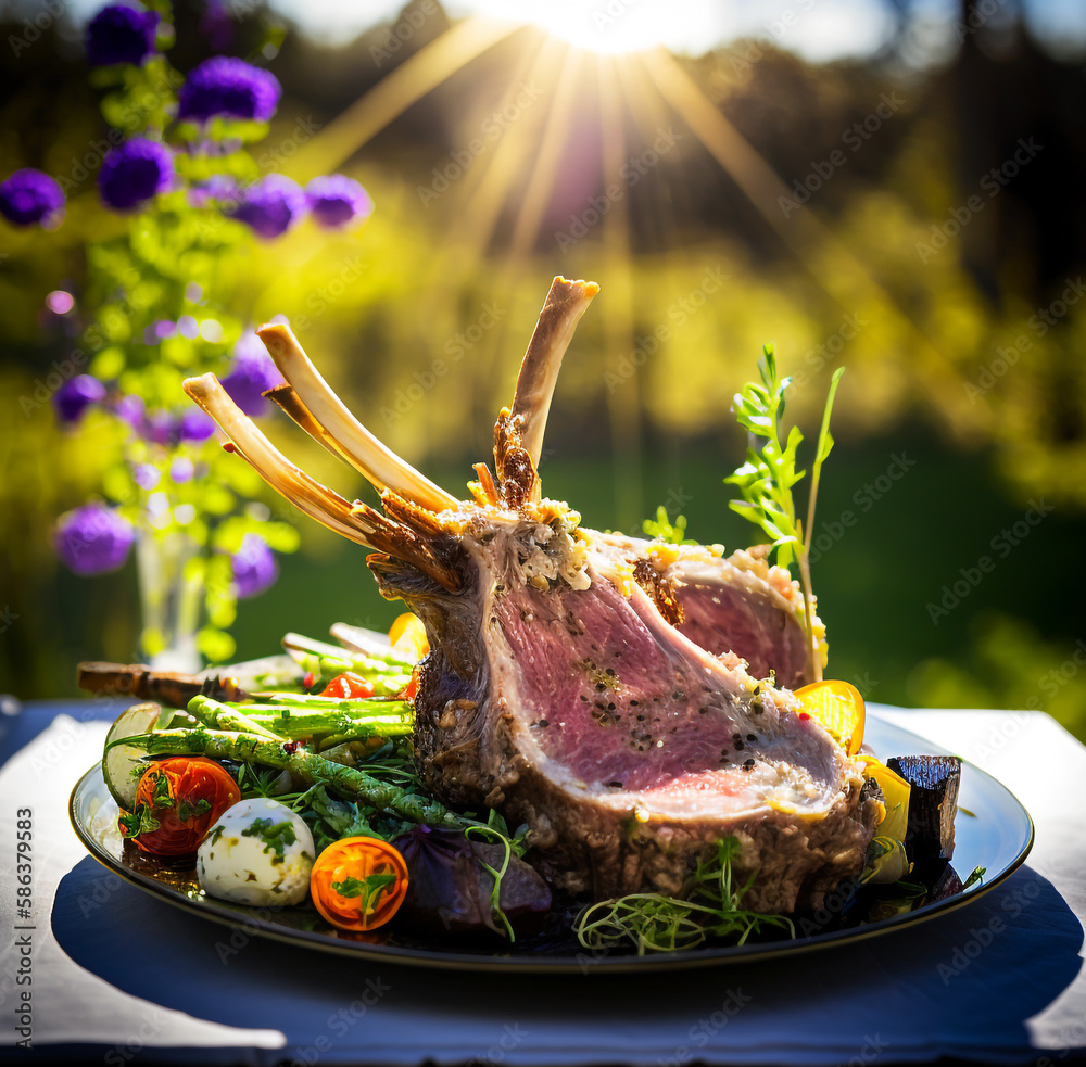 The Perfect Cut: Delicious Lamb Rack in Front of a Garden Setup. AI ...