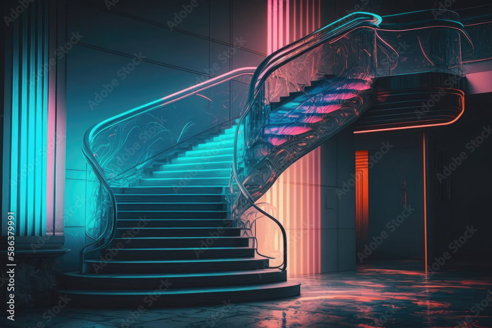 beautiful large staircase illuminated with led and a metal handrail ...