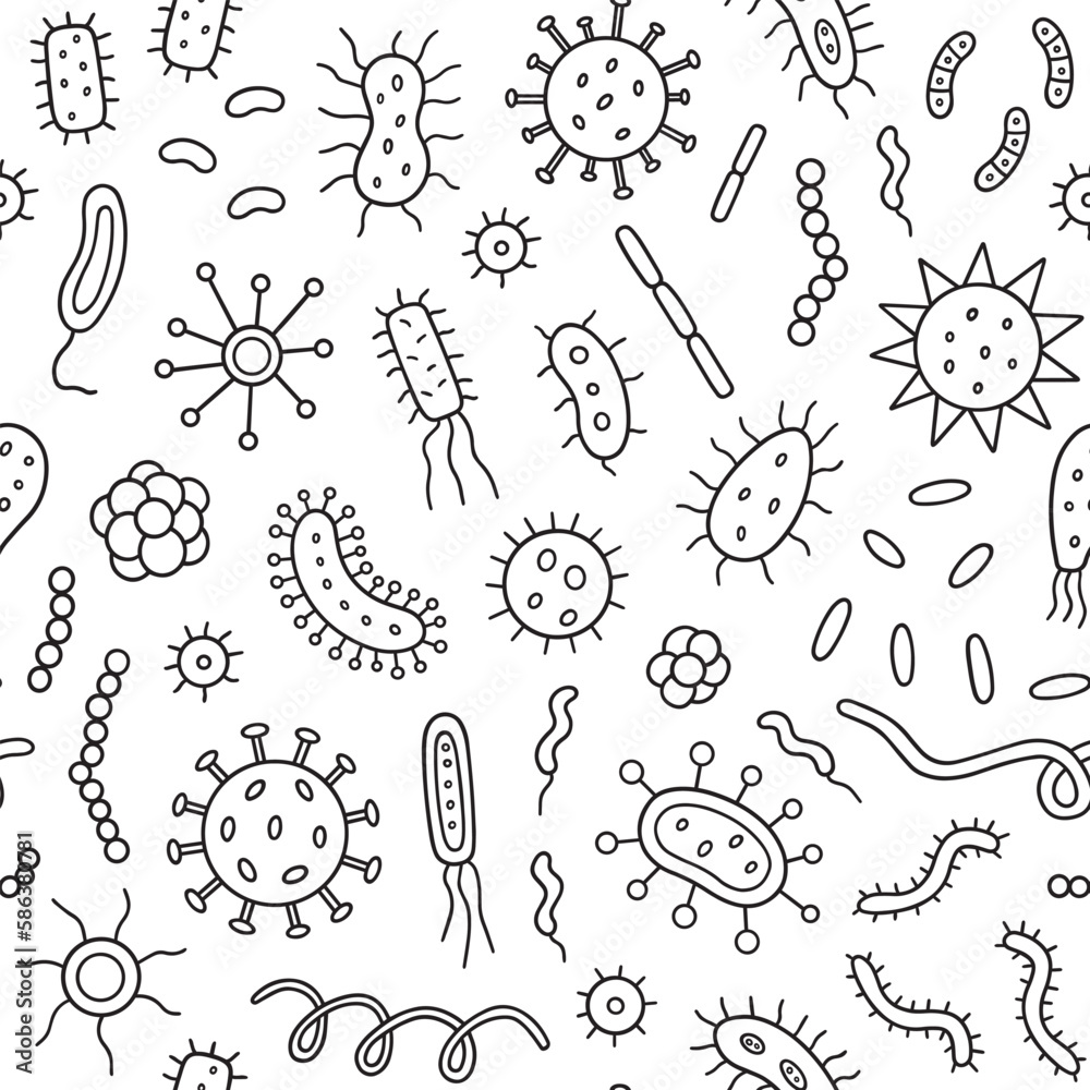 Seamless pattern of Bacteria and Viruses doodle. Microorganism in ...