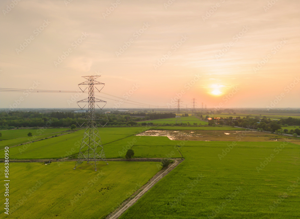 Aerial view of electricity generating, voltage poles. Power lines on ...