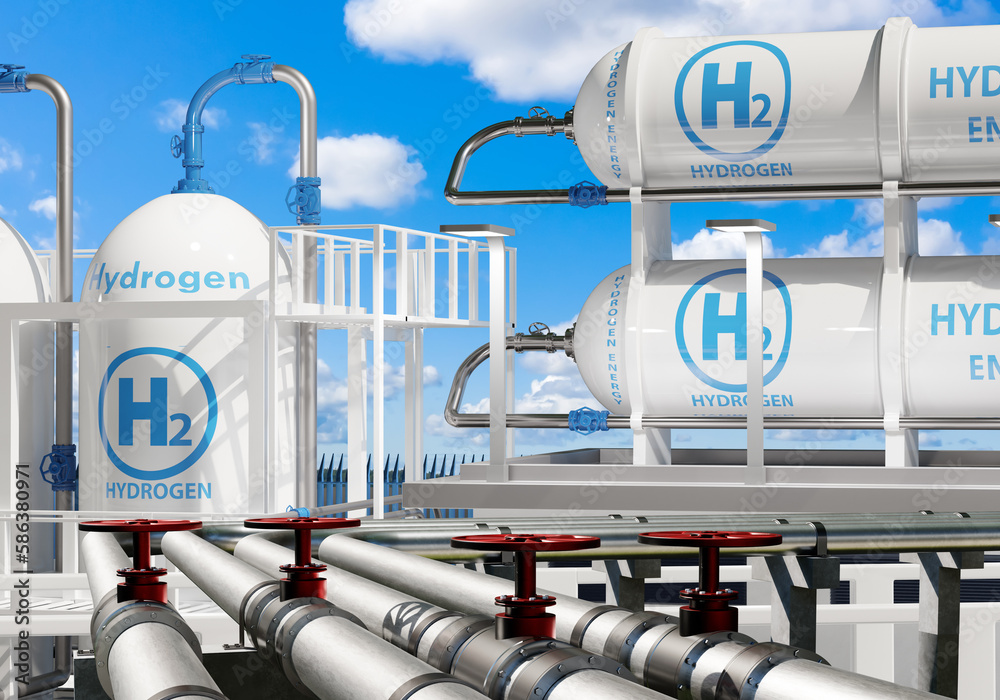 Hydrogen energy. Modern power plant. Pipes and tanks under blue sky ...