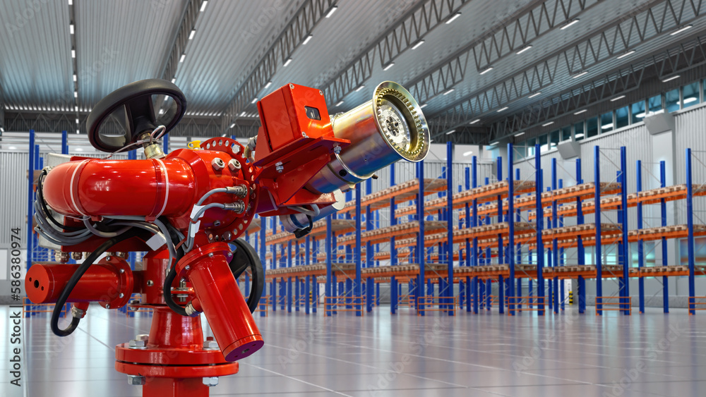 Fire-fighting equipment. Warehouse security. Red fire hydrant in ...