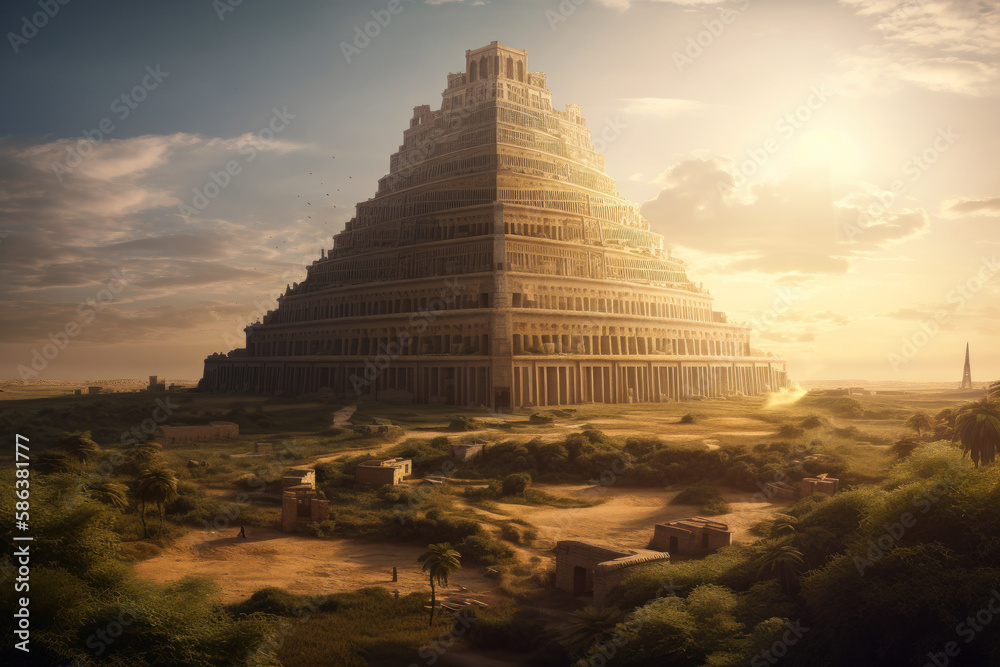 Ancient city of Babylon with the tower of Babel, bible and religion. AI ...