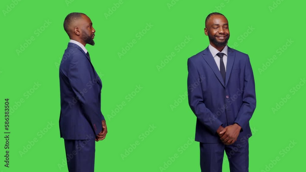 Corporate employee wearing business suit in studio, posing on isolated ...