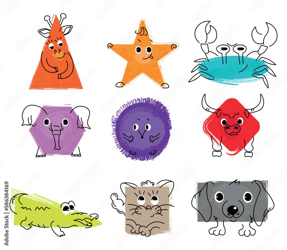 A set of various bright geometric shapes in the form of cute animals ...