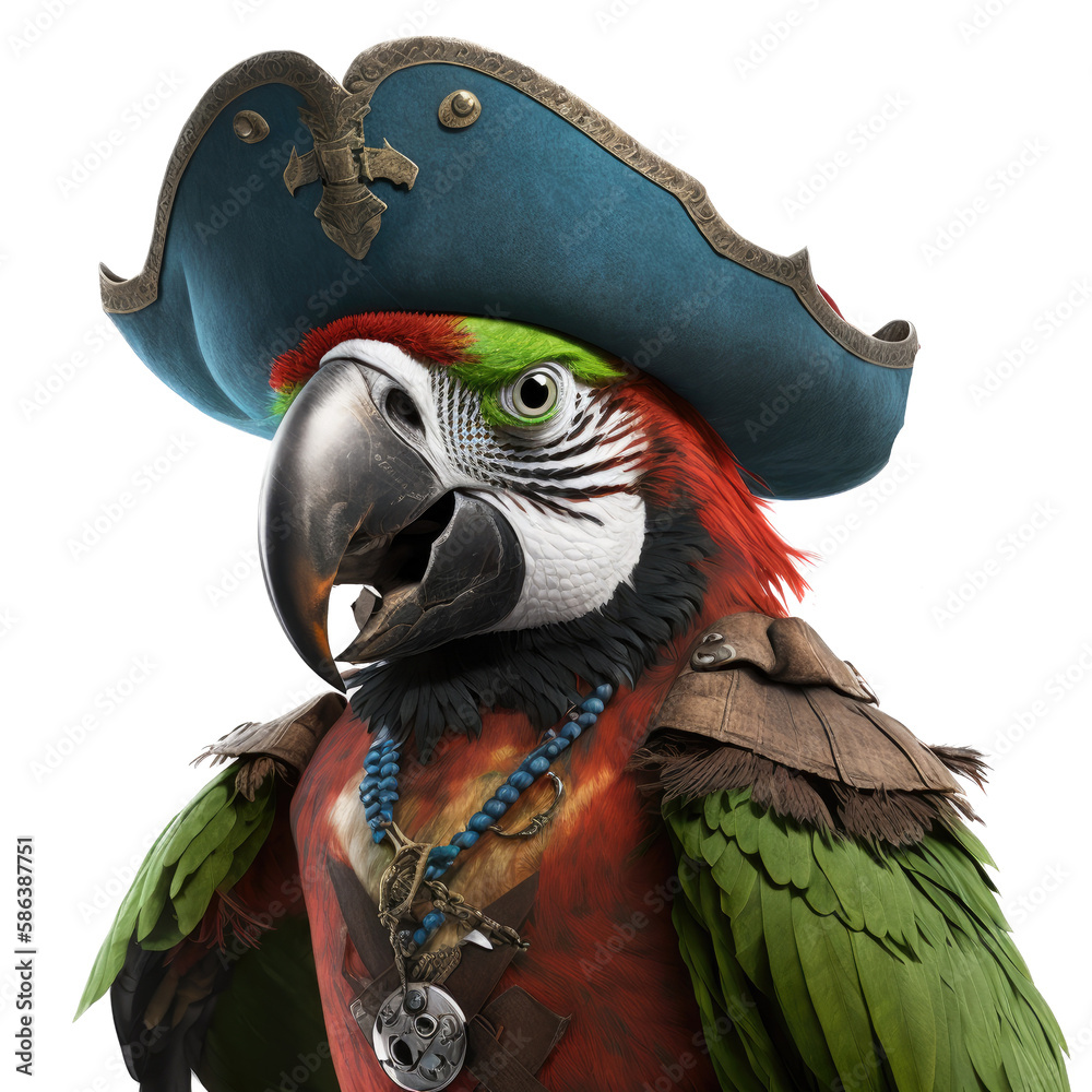 a pirate-themed photographic illustration of a green and red macaw ...