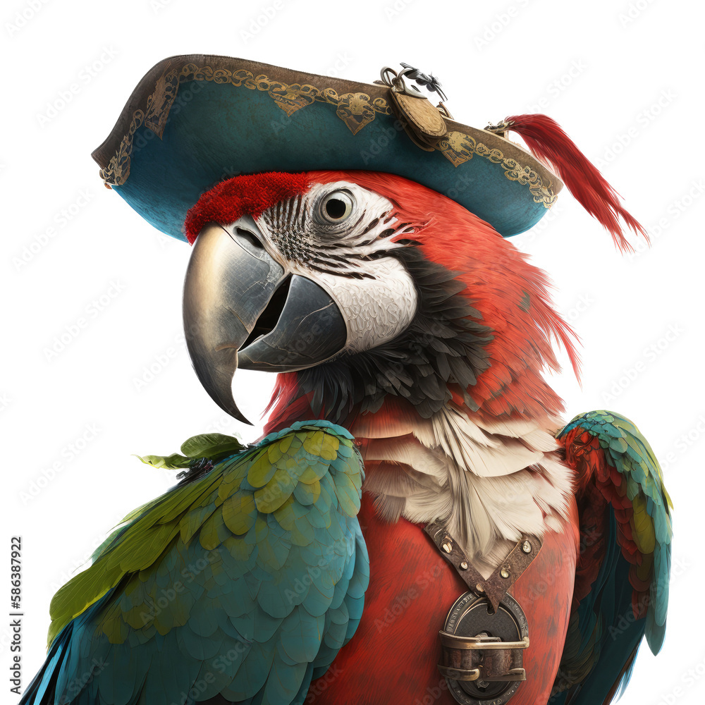 a pirate-themed photographic illustration of a green and red macaw ...