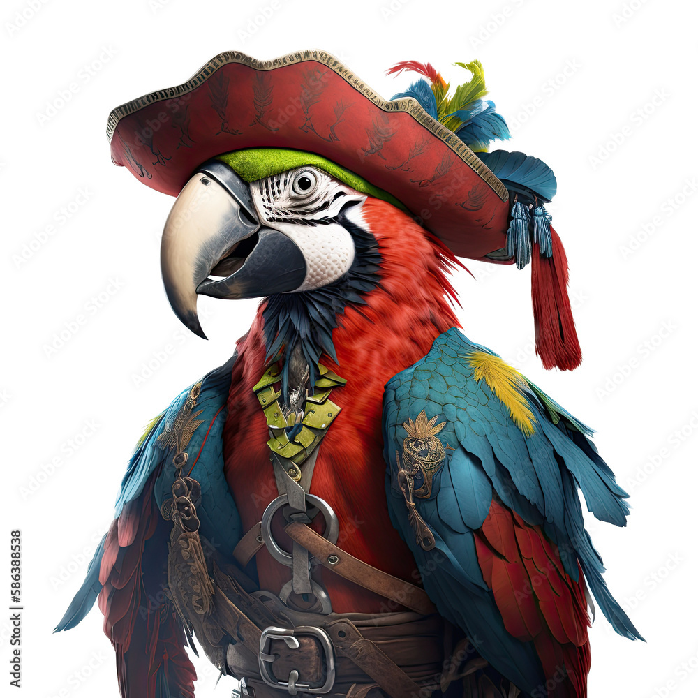 a pirate-themed photographic illustration of a green and red macaw ...