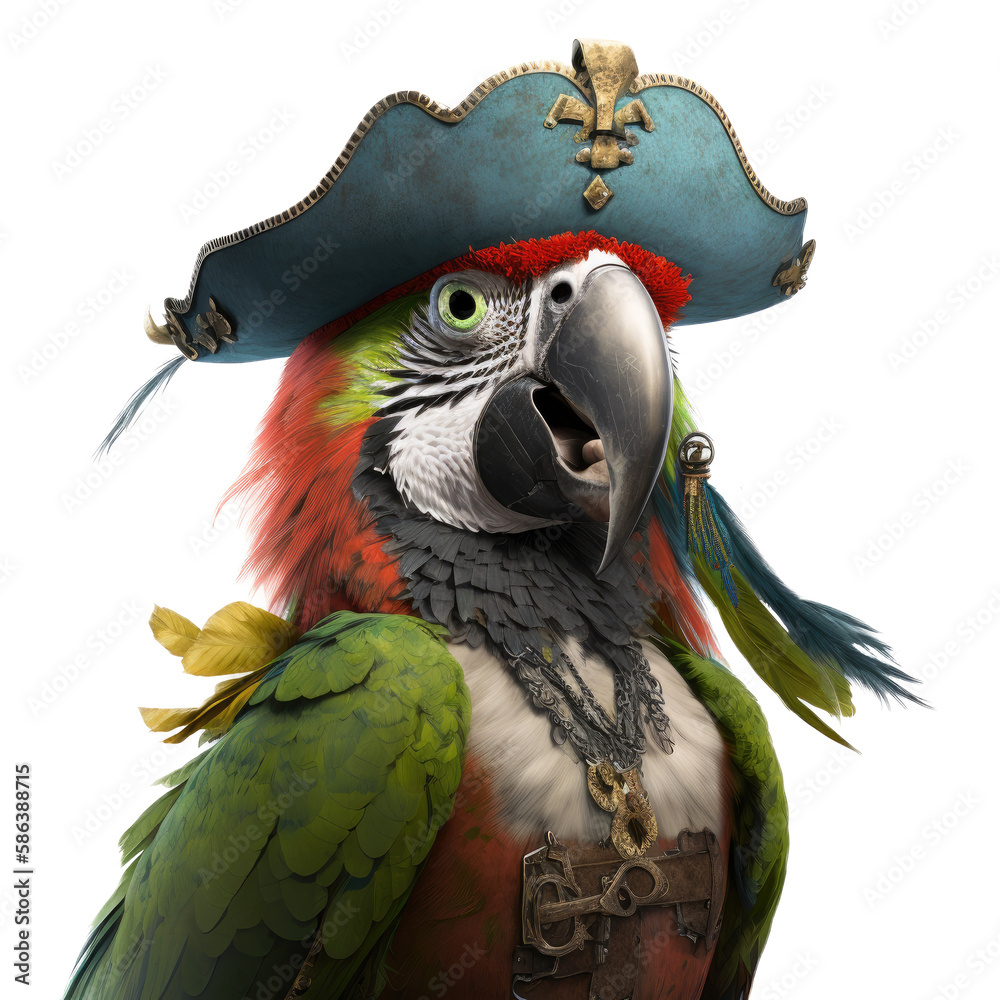 a pirate-themed photographic illustration of a green and red macaw ...