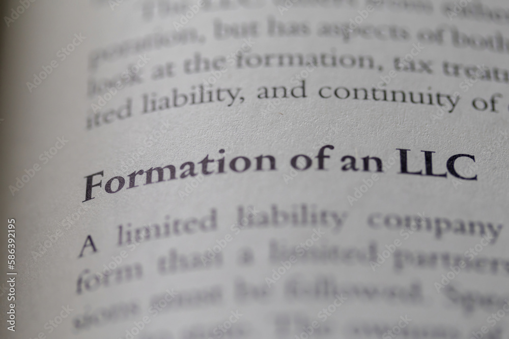 LLC formation printed in text on page as visual aid or business law ...