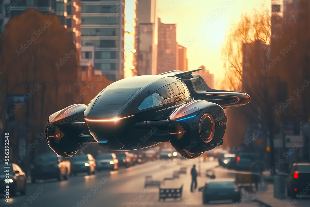 Sky Cruiser. Flying cars: a sleek, futuristic flying car soaring over a ...