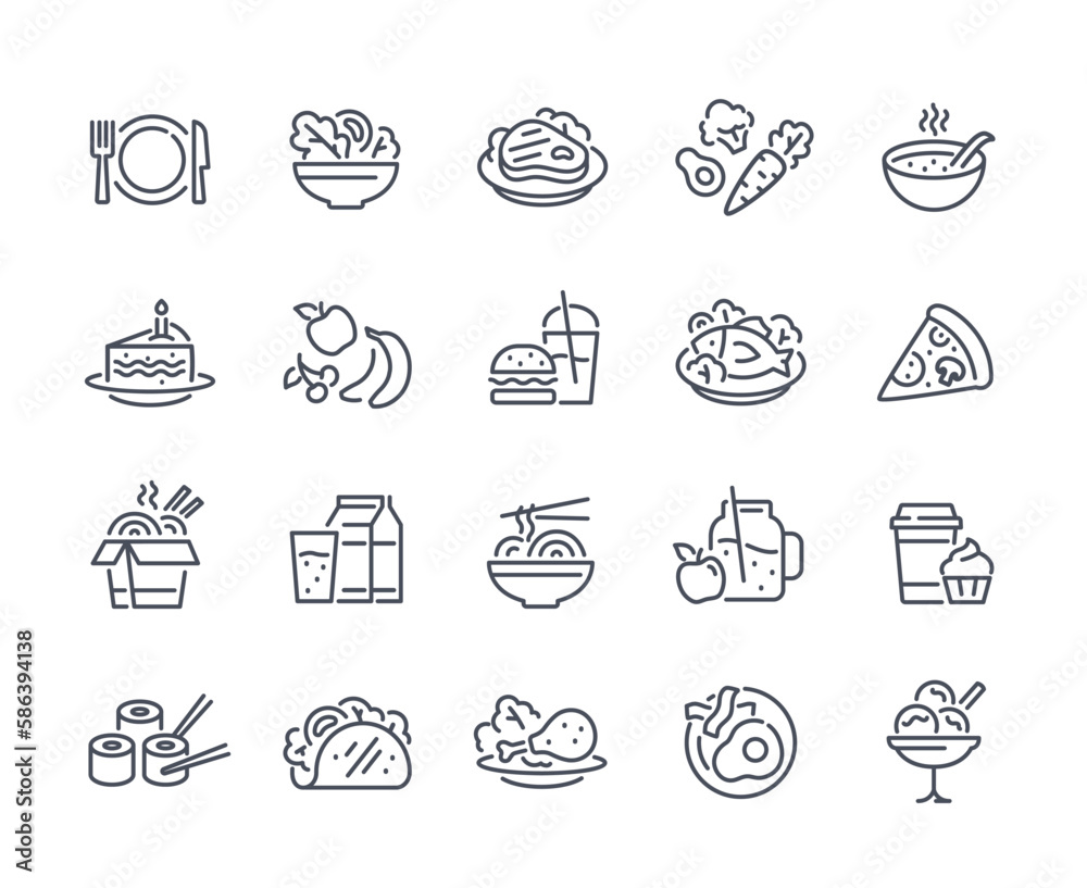 Food linear icons set. Fresh fruits and vegetables. Sushi and rolls ...