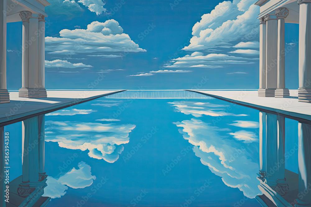 artistic painting of a pool that goes into the horizon, white clouds ...