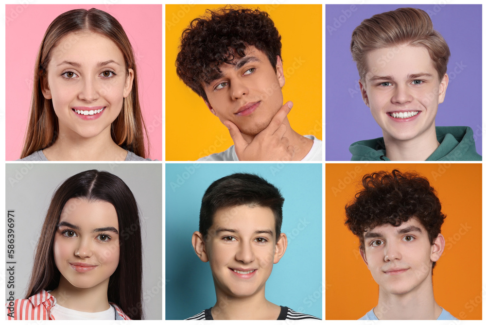 Portraits of teenagers on different color backgrounds, collage design ...