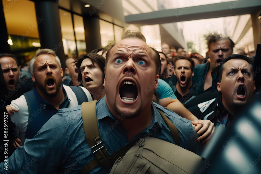 Crowd of panicking people. People scream in fear. Neural network AI generated art ilustración de ...