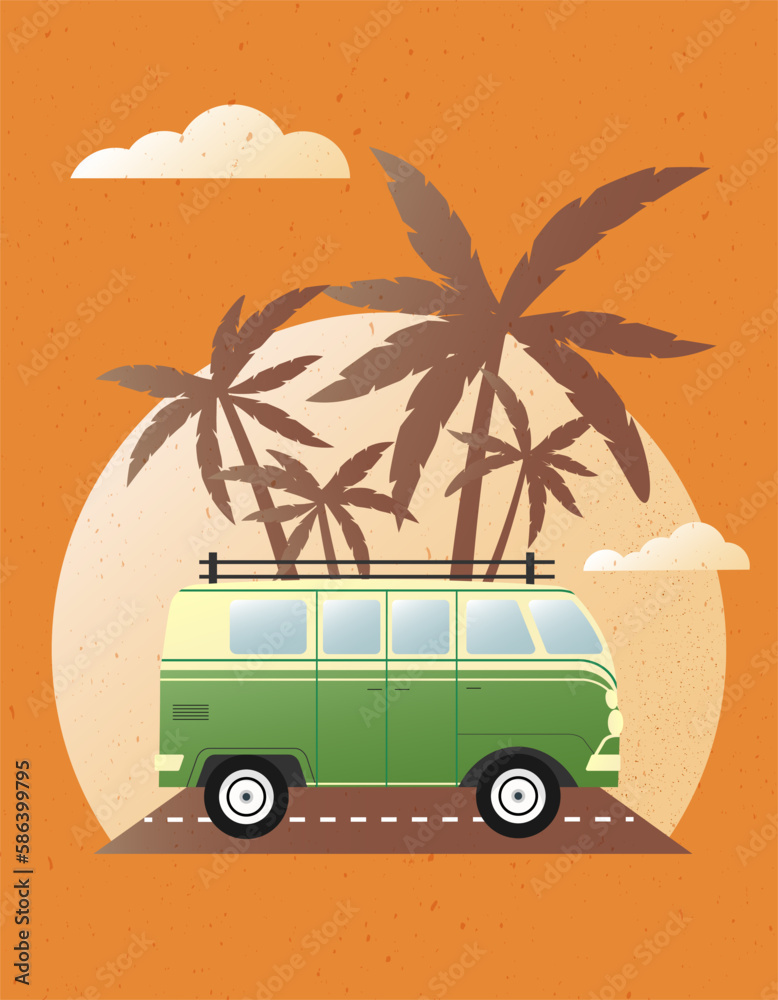 Print template with illustration of car, sun and palm trees. Summer ...