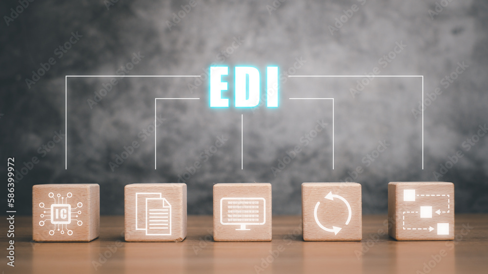 EDI-electronic data interchange concept, Wooden cube block with virtual ...