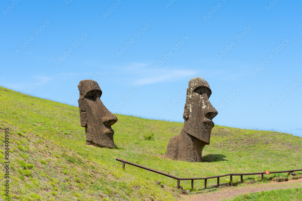 Moai heads on the slope of Rano Raraku on Easter Island (Rapa Nui ...