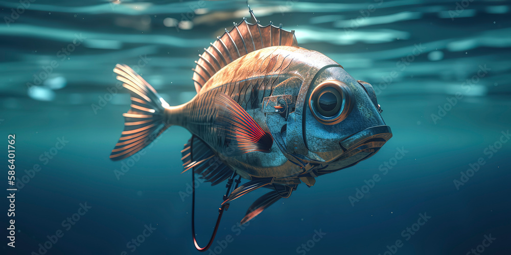 Cyborg fish in the ocean, showcasing the blending of nature and ...