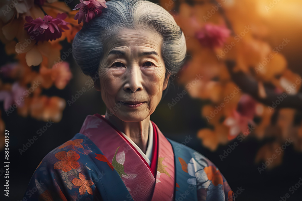 Elderly Japanese woman in traditional geisha attire and floral kimono ...