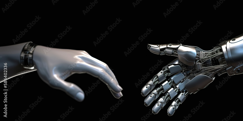 Human and cyborg hands engaged in a firm handshake, symbolizing ...