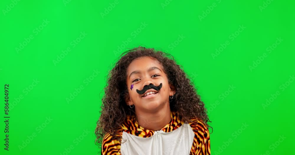 Mustache, funny and costume with child in green screen studio for ...