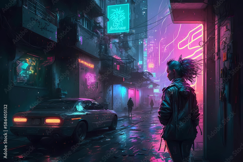 Cyberpunk girl in neon futuristic city. Cyber punk game concept ...
