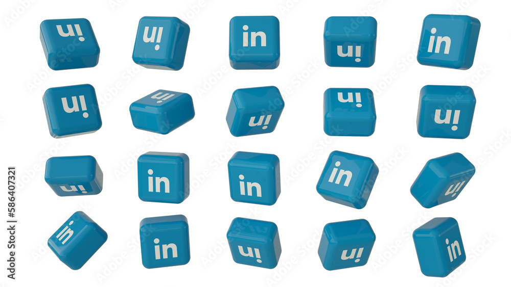 Set of 3D rendered LinkedIn logos in different angles and orientation ...