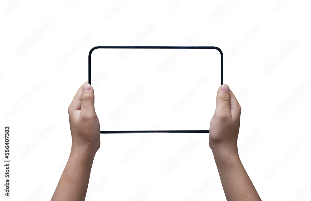 Hands of a child holding a tablet on a transparent background png Stock ...
