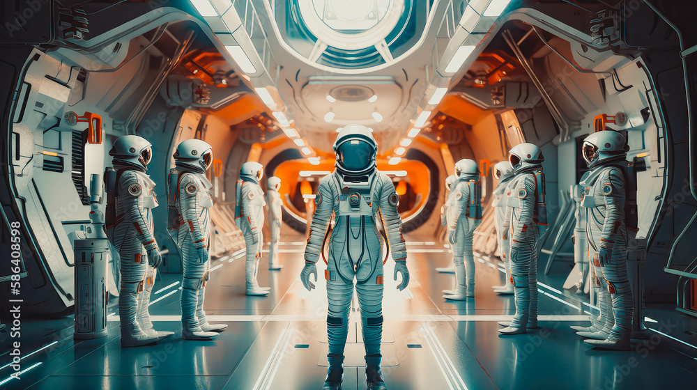 Astronaut and Spaceship Interior Round.Space Sci-fi technology ...