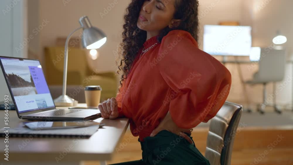 Back pain, office laptop and business woman with medical problem, spine ...