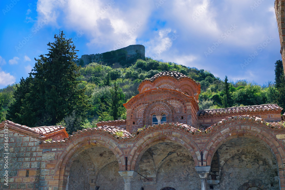 Byzantine church in medieval city of Mystras, Greece. Castle of Mystras ...