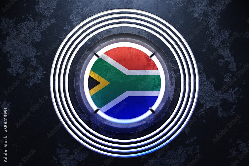 3D illustration of the national flag of South Africa in a white neon ...