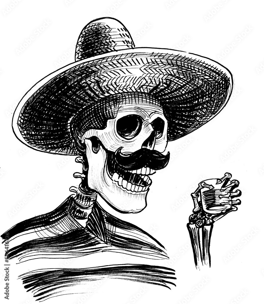 Dead Mexican drinking a shot of tequila. Ink black and white drawing ...